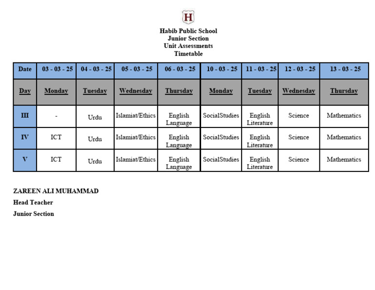 Unit Assessments Timetable - III - IV - V | PDF