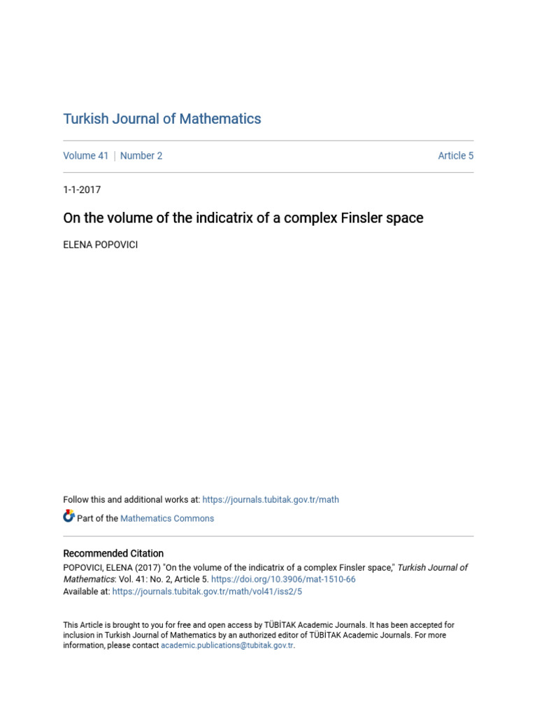 On The Volume of The Indicatrix of A Complex Finsler Space | PDF ...