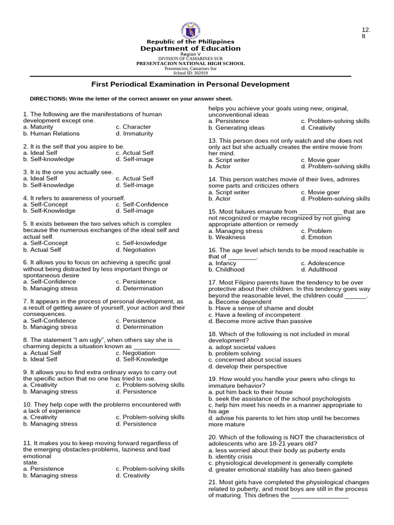 1st Quarter Exam in Personal Development | PDF | Adolescence ...