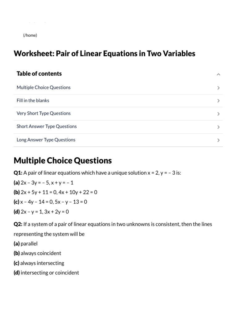 Pair of Linear Equations in Two Variables Class 10 Worksheet Maths ...