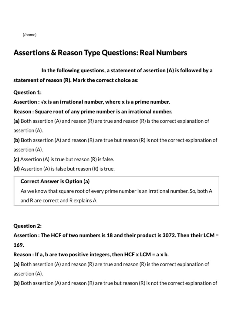 Class 10 Maths Chapter 1 Assertion and Reason Questions - Real Numbers | PDF | Numbers | Decimal