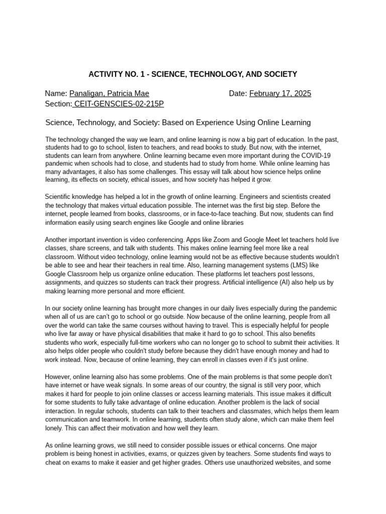 Science-Technology-and-Society - Online Learning | PDF | Educational Technology | Learning