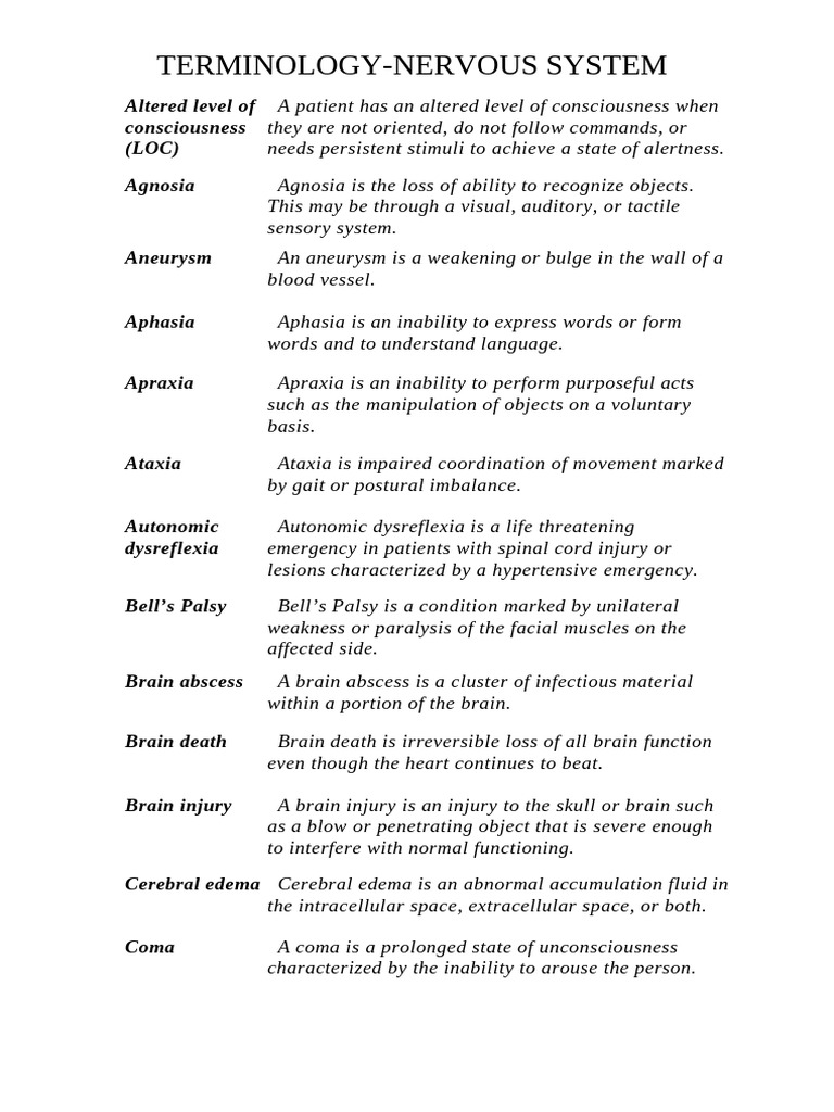 terminology- nervous system | PDF | Paresthesia | Spinal Cord