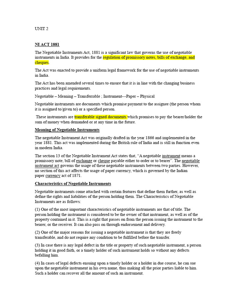 UNIT 2 reference notes | PDF | Negotiable Instrument | Cheque
