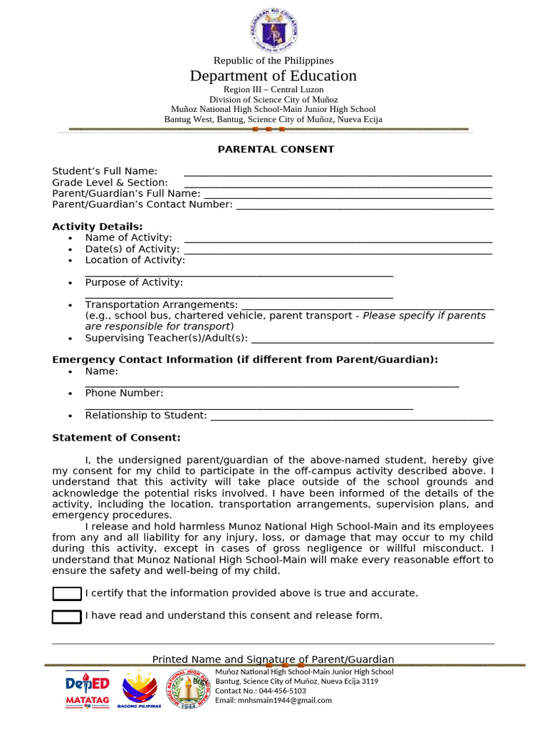 Parental Consent Form for School Activity | PDF | Private Law | Common Law