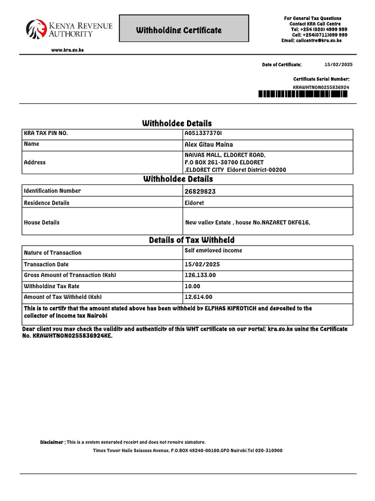 Withholding Tax Certificate for Alex Gitau | PDF | Taxes | Government ...