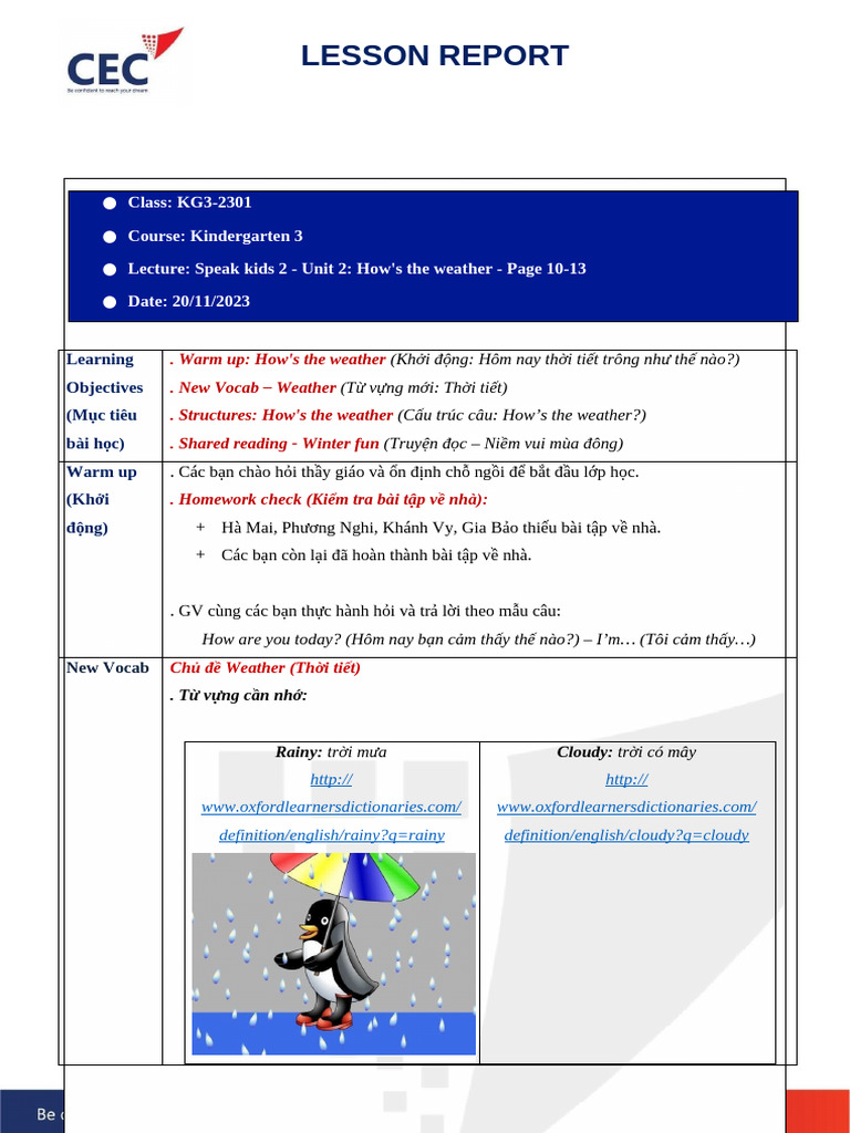 Lesson Report - K3-2301 - 20.11.2023 | PDF