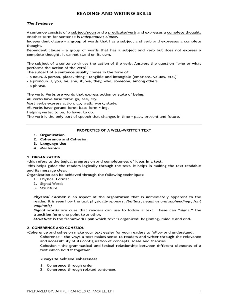 PROPERTIES-OF-A-WELL-WRITEN-TEXT | PDF | Verb | Clause