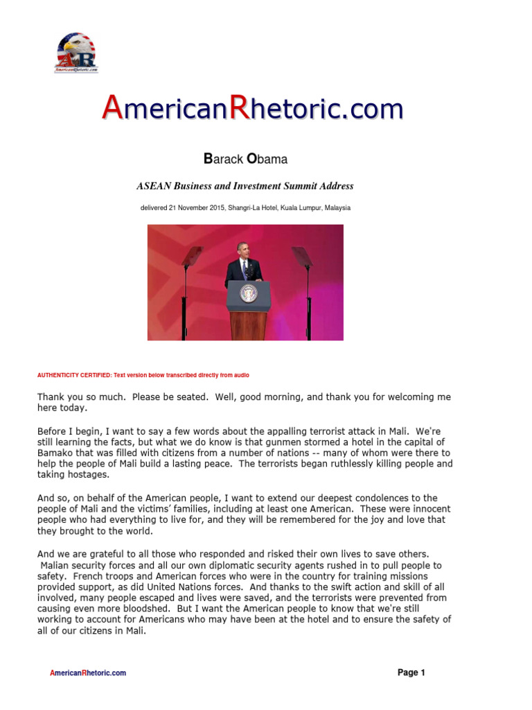 Barack Obama - ASEAN Business 2015 | PDF | Trans Pacific Partnership ...
