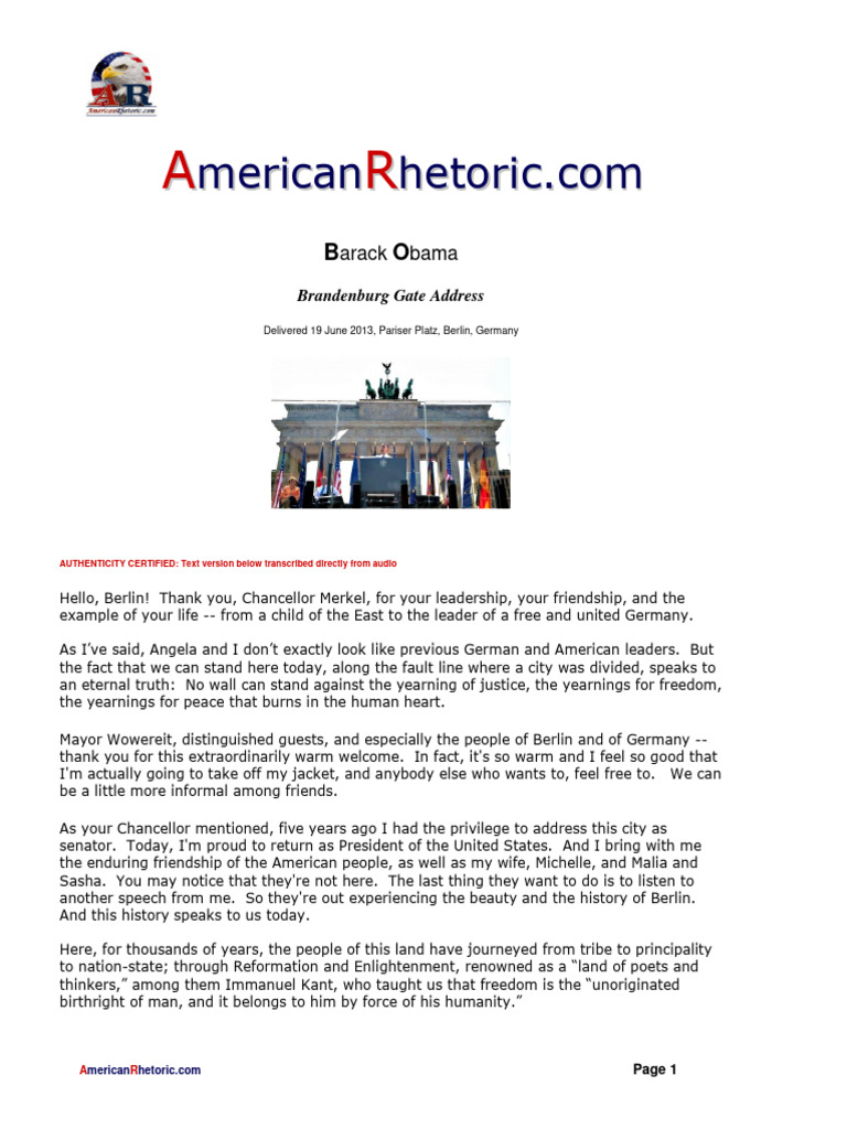 Barack Obama - Brandenburg Gate Speech | PDF | Nuclear Weapons