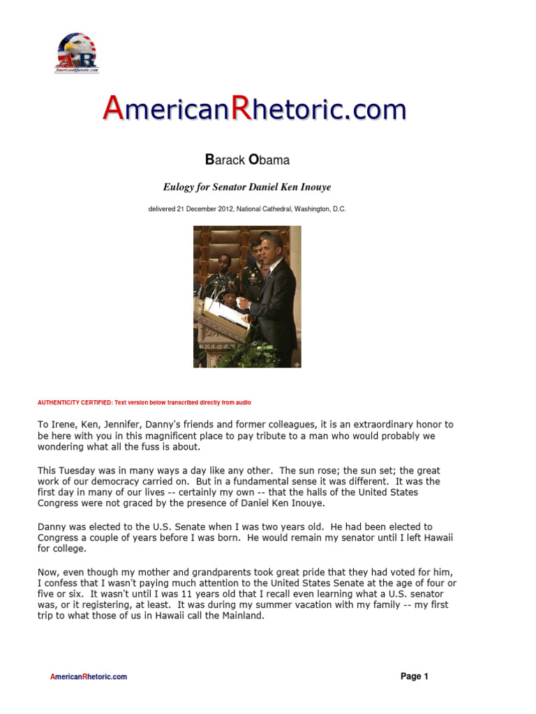 Barack Obama - Daniel Inouye Eulogy | PDF