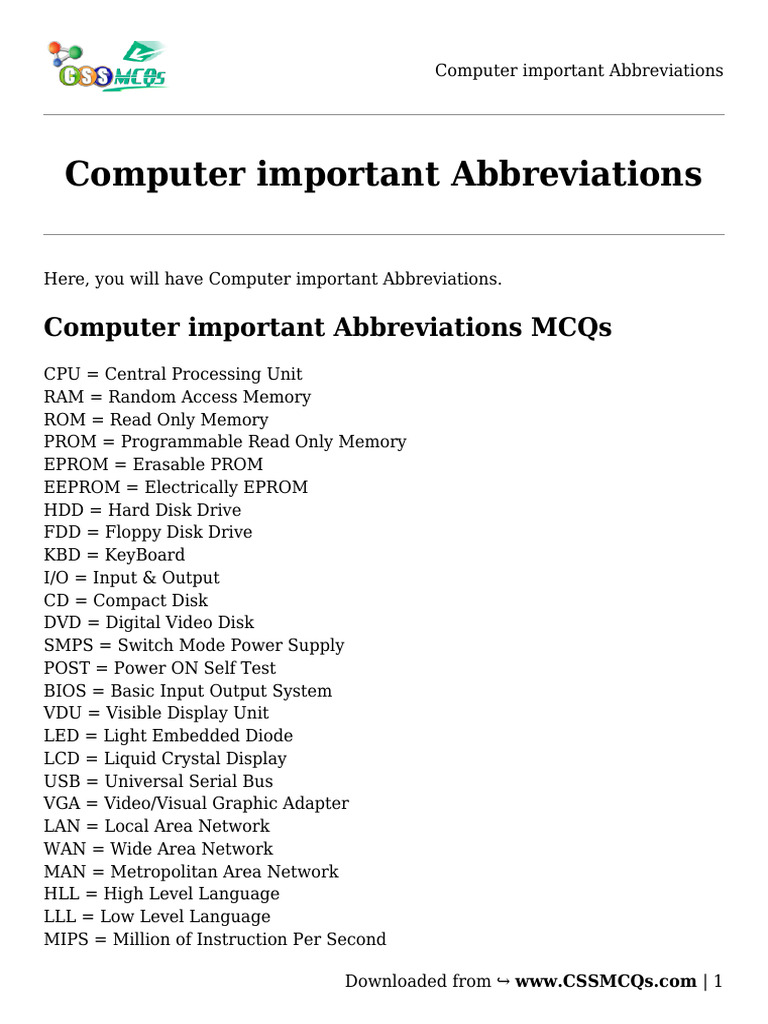 Key Computer Abbreviations List | PDF | Byte | Read Only Memory
