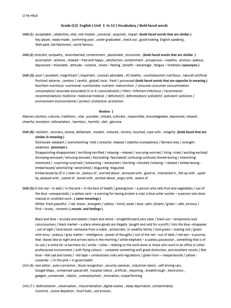 Grade 12 English Vocabulary Guide | PDF | Climate Change | Waste