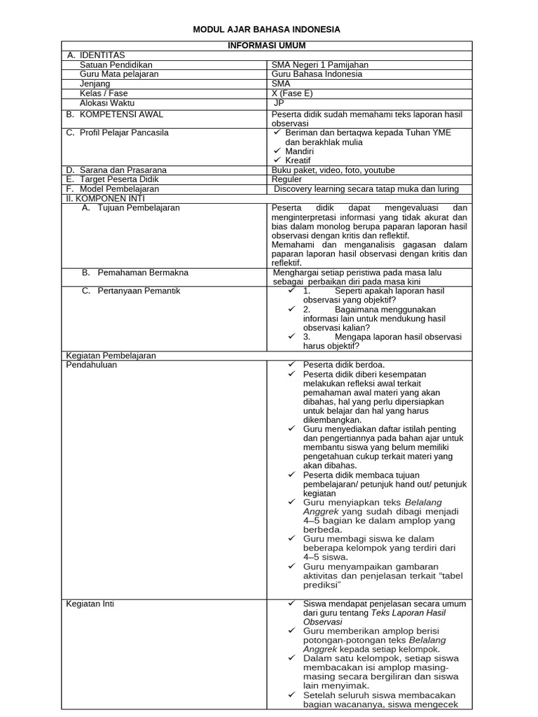 Modul Ajar Bindo LHO Semester 1 | PDF