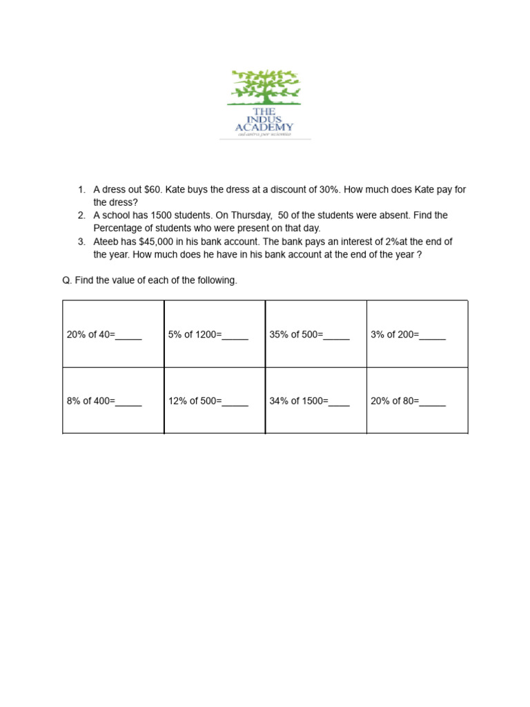 Percentage worksheet | PDF