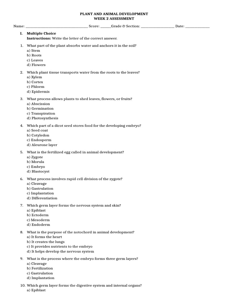 Plant and Animal Development Quiz | PDF | Embryo | Plant Stem