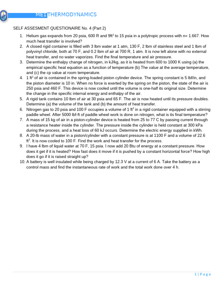 SAQ 4-Thermodynamics (Pt. 2) | PDF | Heat | Enthalpy