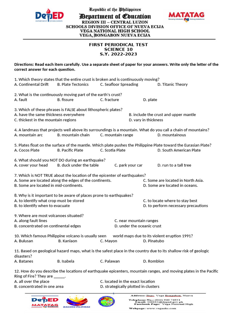 Science 10 First Periodical Test Guide | PDF | Plate Tectonics | Volcano
