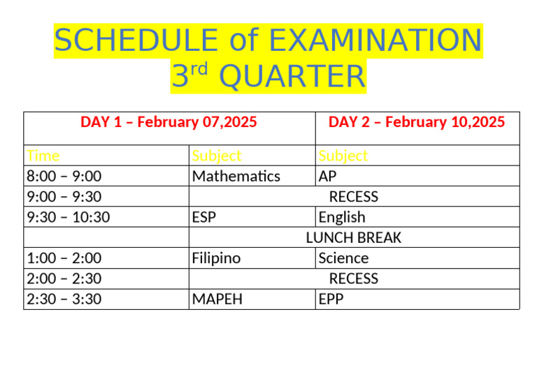 3rd Quarter Exam Schedule 2025 | PDF