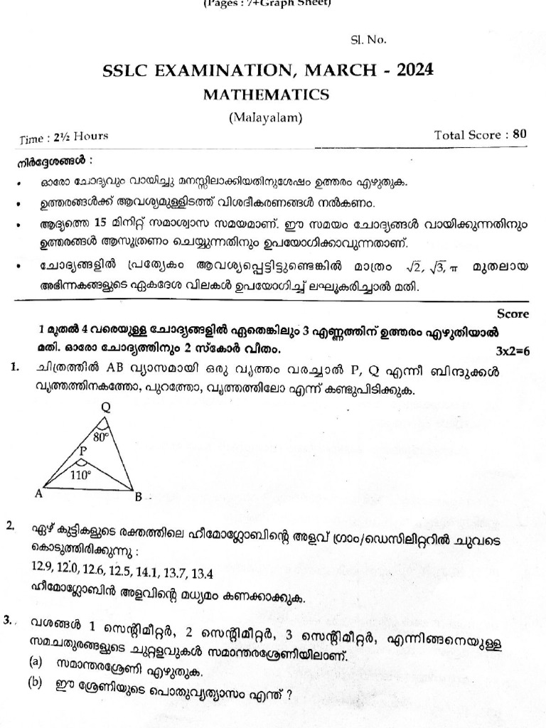 Kerala SSLC Mathematics Question Paper 2024 PDF | PDF