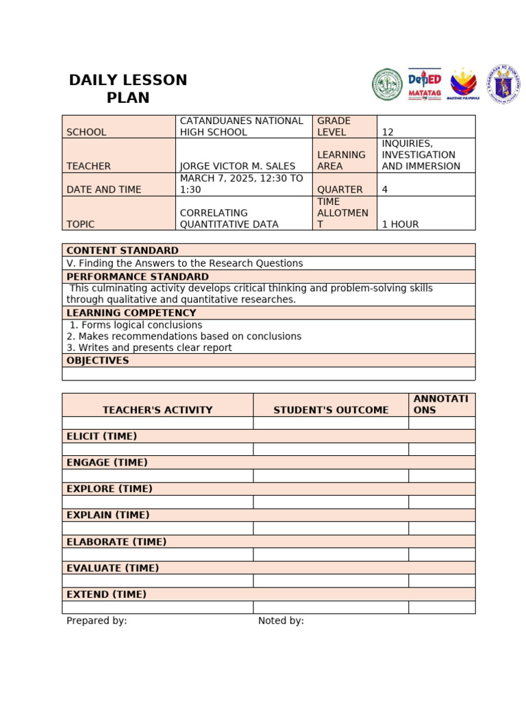 Grade 12 Daily Lesson Plan: Data Correlation | PDF
