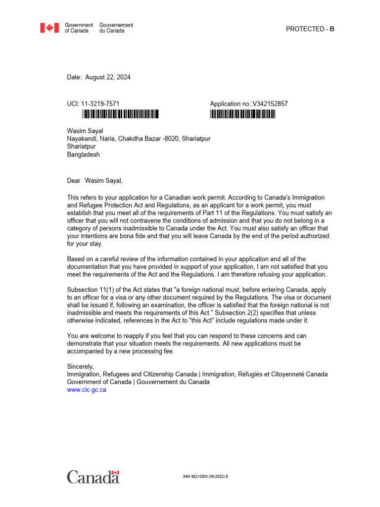 WORK PERMIT REFUSAL LETTER OF - Wasom Sayal | PDF