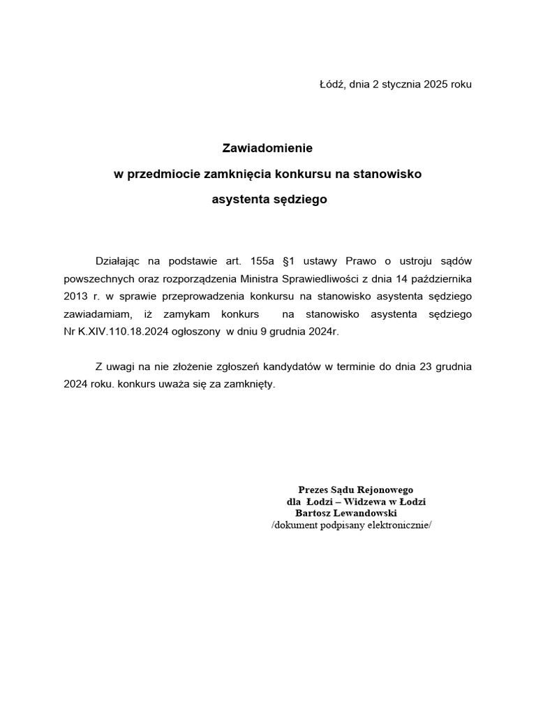 Zawiadomienie o Zamknięciu Konkursu | PDF