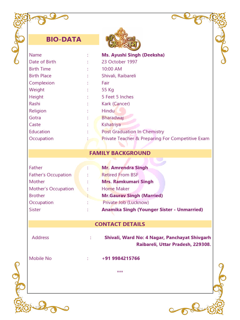 Marriage Biodata-Ayushi Singh (Deeksha) | PDF