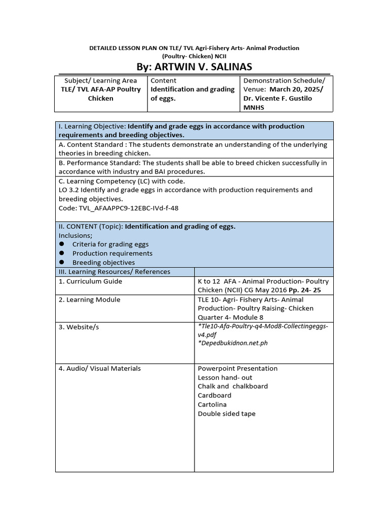Detailed Lesson Plan On Tle Pdf Pdf Egg Teachers