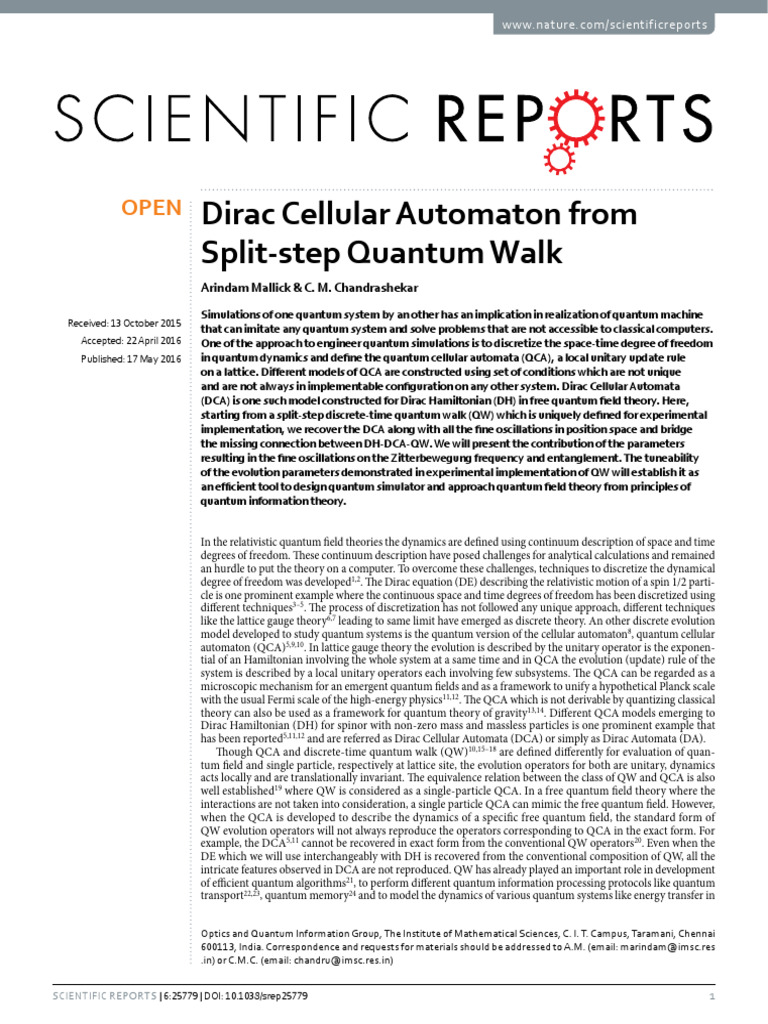 Dirac Cellular Automaton From Split-Step Quantum Walk | PDF | Quantum Mechanics | Quantum Field ...