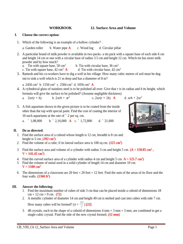AS - WB - CBSE - VIII - Math - CH 12 - Surface Area and Volume | PDF ...