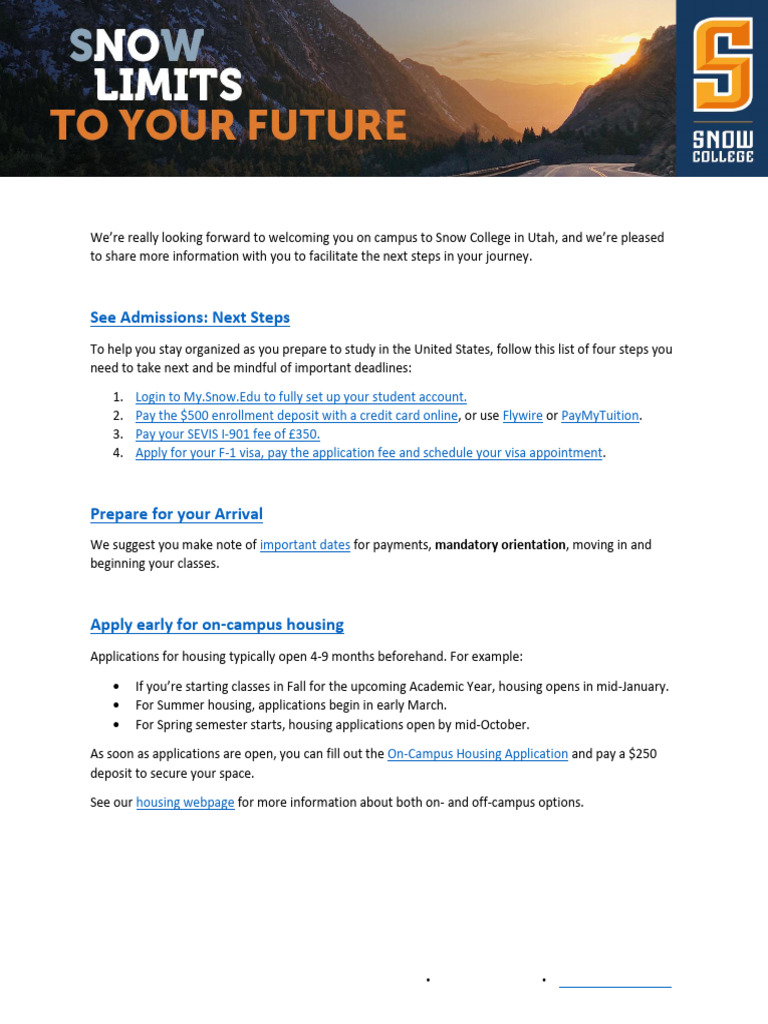 Snow College International Student Guide | PDF | Fee | Insurance