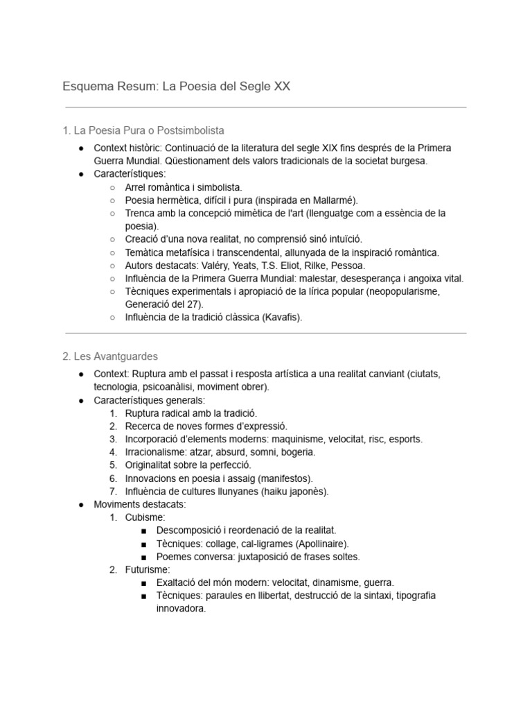 Esquema Resum - La Poesia Del Segle XX | PDF