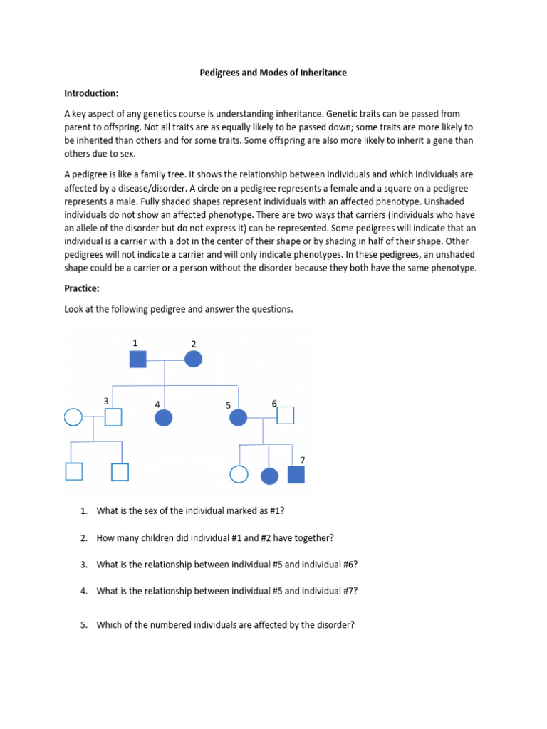 Pedigrees and Inheritance Worksheet | PDF | Dominance (Genetics) | Heredity