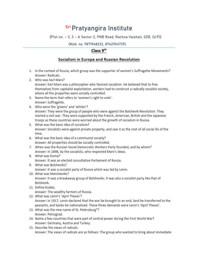 Class 9 Russian Revolution Imp Ques | PDF | Bolsheviks | Capitalism