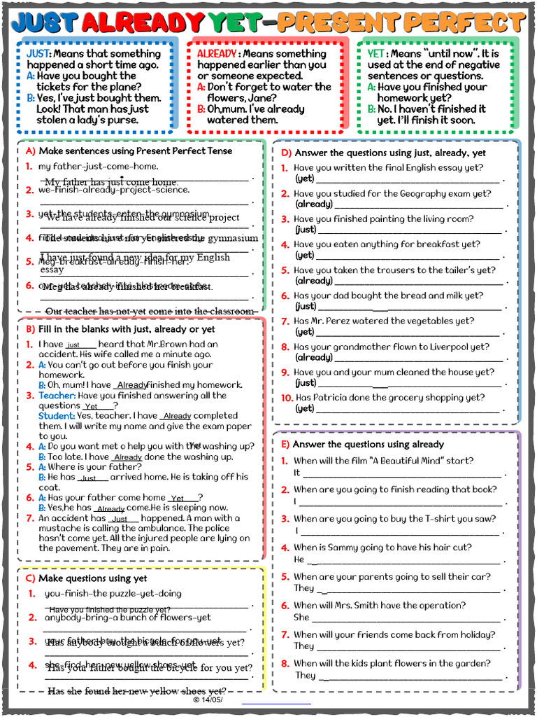 Present Perfect Tense Just Already Yet Esl Printable Exercises ...