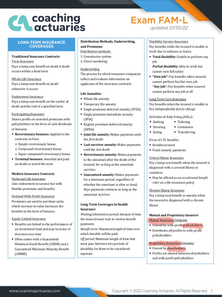 fam-l formula sheet | PDF | Actuary | Insurance