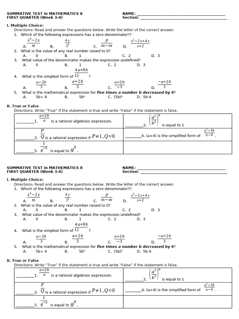 ST-Q1-W3-4 - Math 8 FOR PRINTING | PDF | Numbers | Mathematical Logic