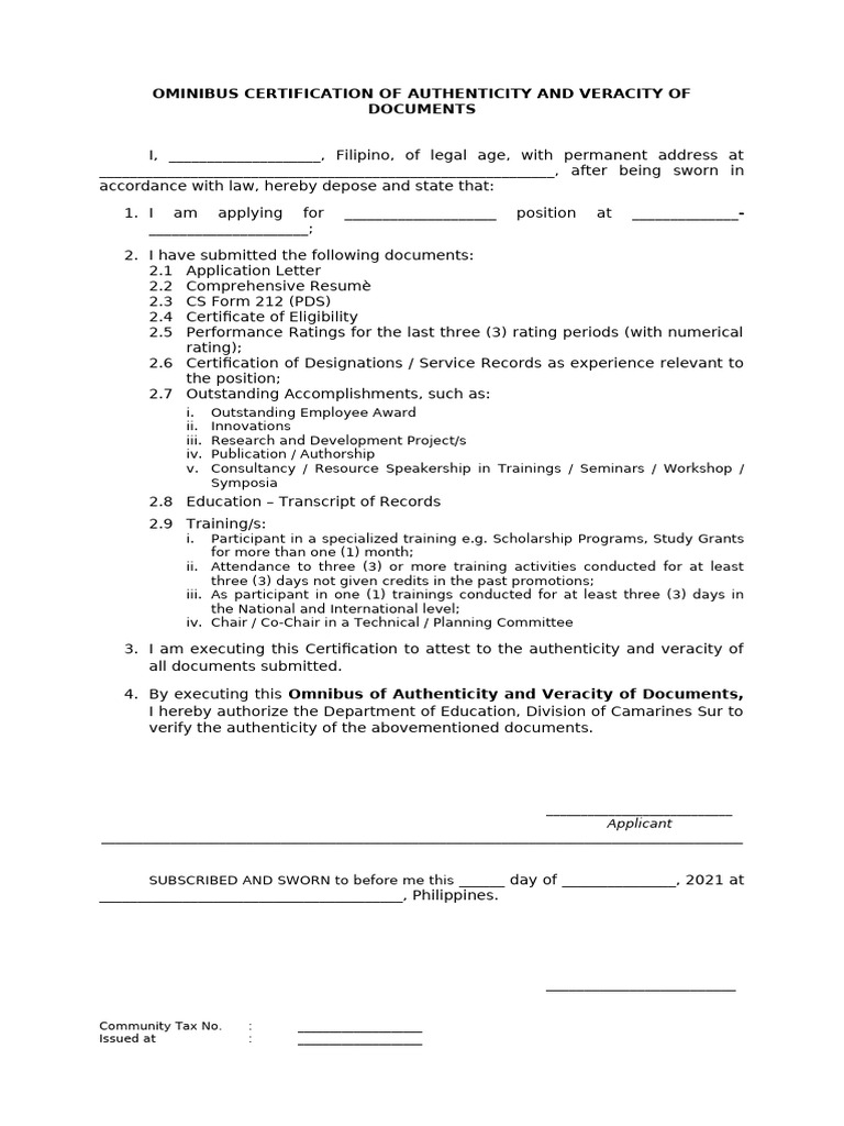 Omnibus Certification of Documents | PDF