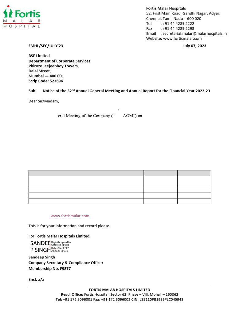 Fortis Malar Hospitals 32nd AGM Notice | PDF | Login | Electronic Voting
