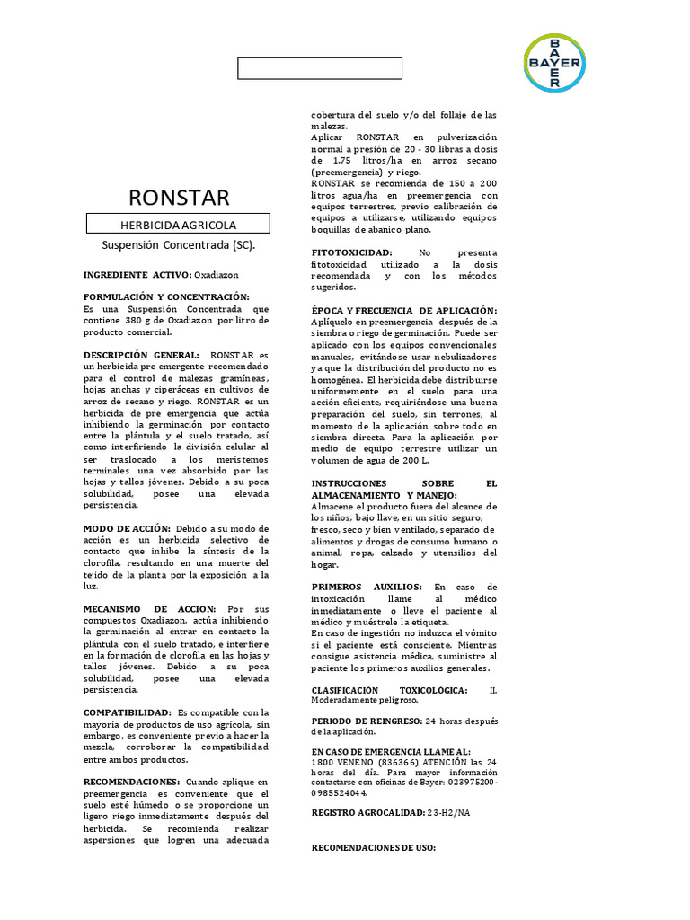 ronstar-bayer-ficha-tecnica-ecuador | PDF | Herbicida