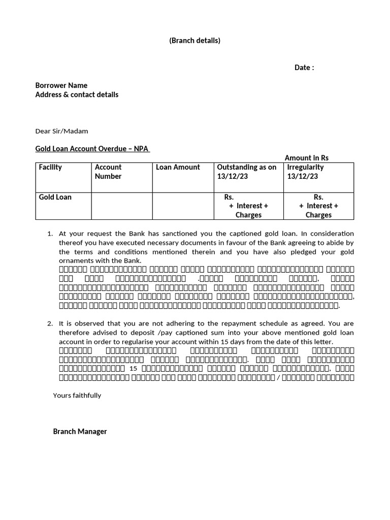 NPA Gold Loan First Notice | PDF