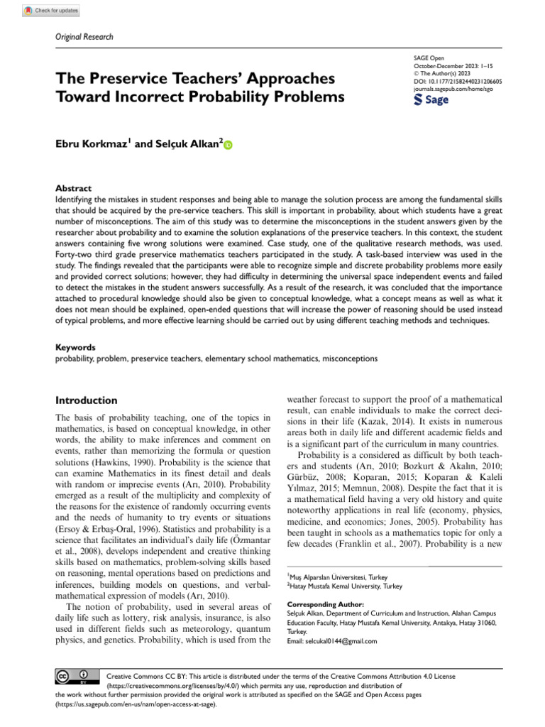 Korkmaz Alkan 2023 The Preservice Teachers Approaches Toward Incorrect Probability Problems ...