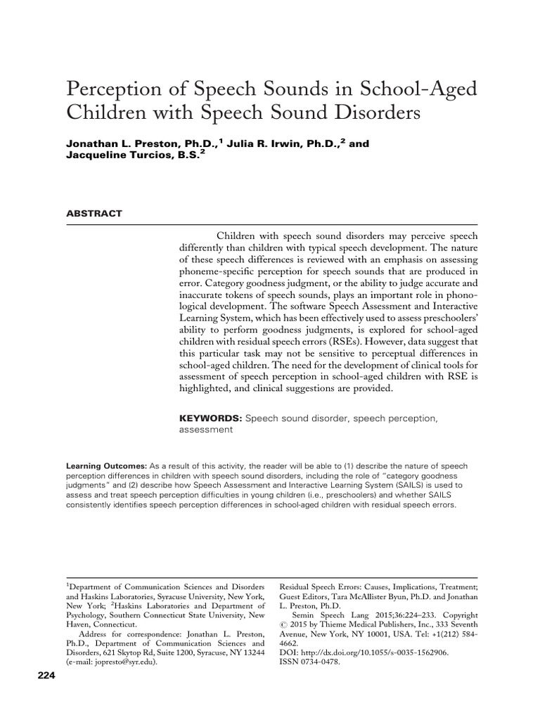 Perception of Speech Sounds in School-Aged | PDF | Perception | Speech