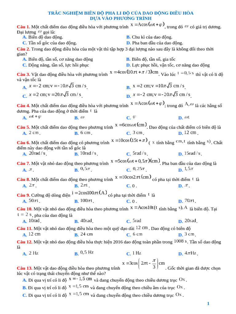 thuvienhoclieu.com-Trac-nghiem-xac-dinh-Bien-do-Pha-Li-do-cua-dao-dong-dieu-hoa-hay | PDF