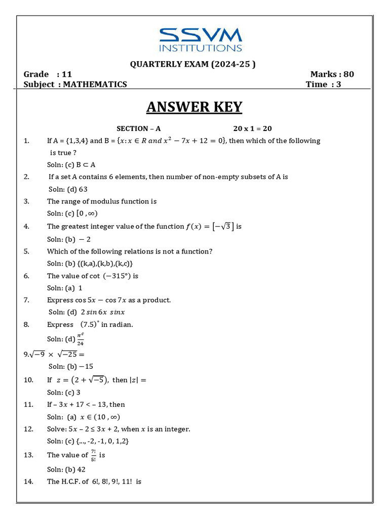 G11 MATHS - QP AND AK - QUARTERLY - SET 11737654419394 | PDF | Function (Mathematics ...