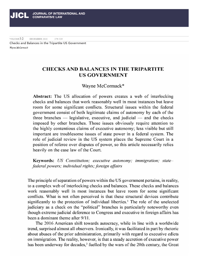 Checks and Balances in The Tripartite Us Government | PDF