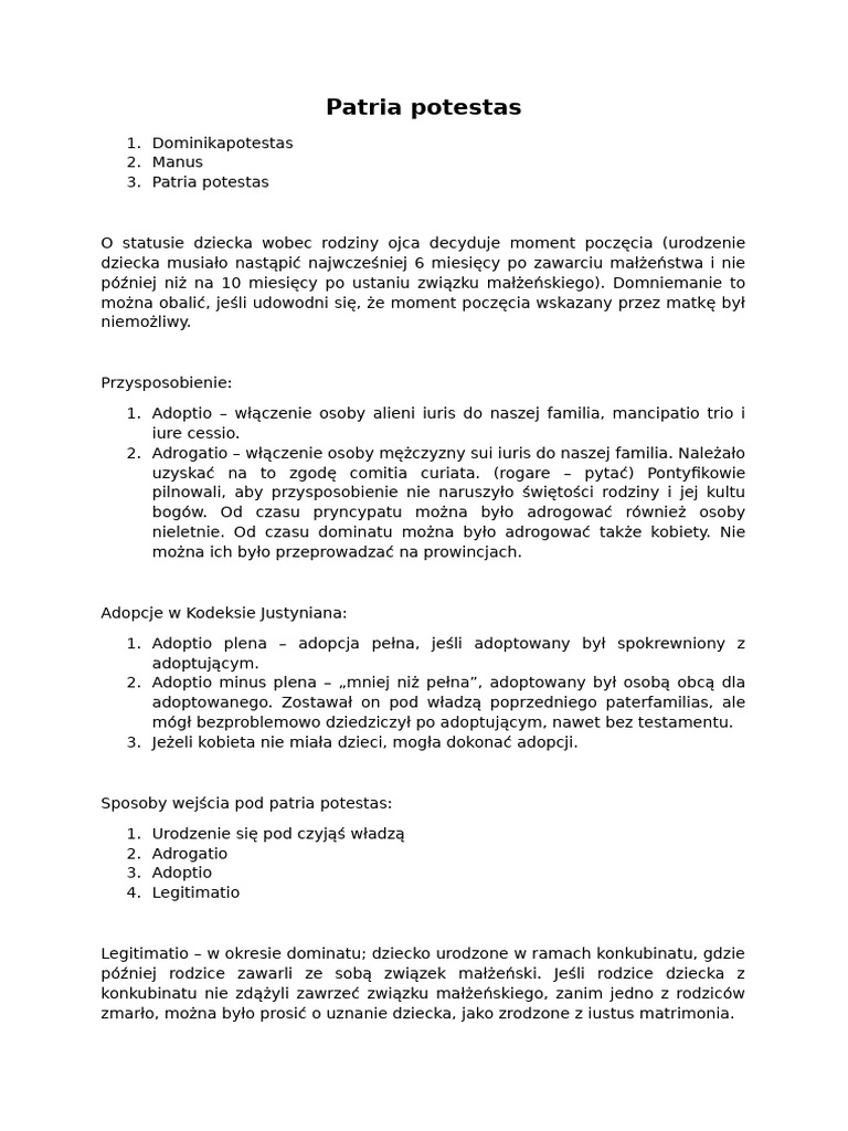 Prawo Rzymskie Patria Potestas | PDF