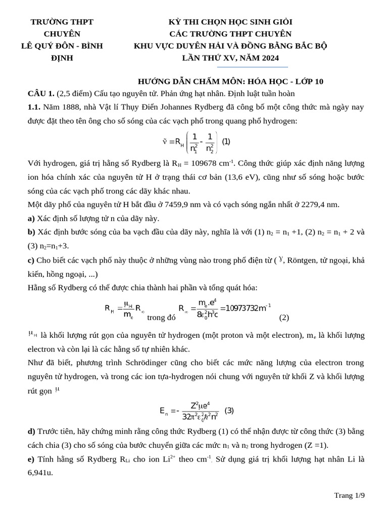Hóa 10 Chuyên Lê Quý Đôn Bình Định Hdc | PDF