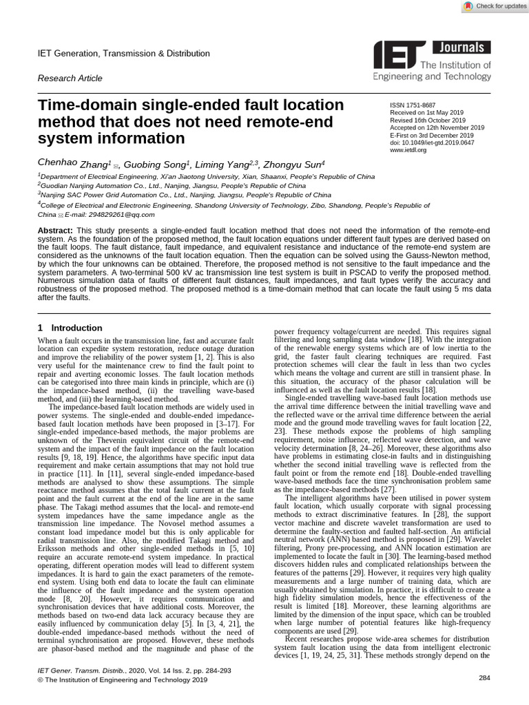 Time Domain Single Ended Fault Location Method That Does Not Need Remote End - PP Gause Newton ...